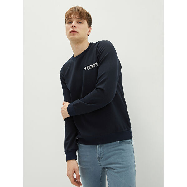 Bisiklet Yaka Uzun Kollu Baskılı Kalın Erkek Sweatshirt