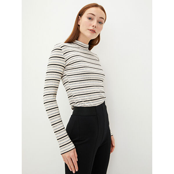 Dik Yaka Çizgili Uzun Kollu Kaşkorse Kadın Tişört