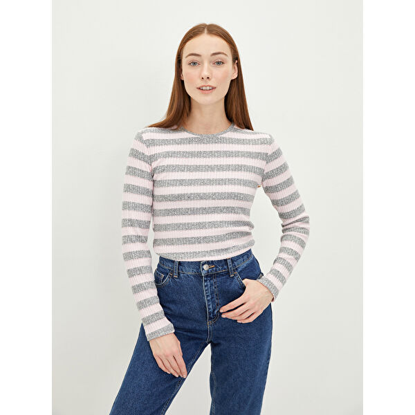 Bisiklet Yaka Çizgili Uzun Kollu Kaşkorse Kumaş Kadın Kazak