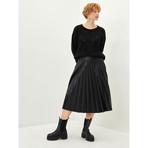 Beli Fermuarlı Düz Kadın Pileli Etek