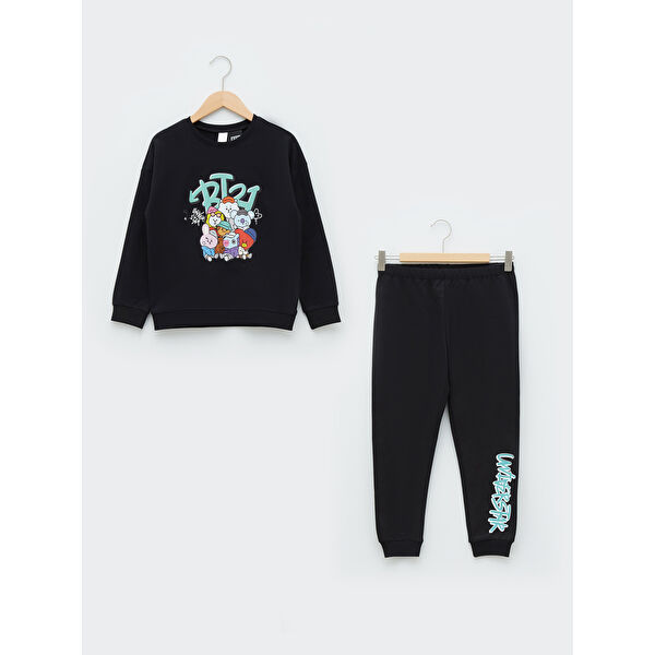 Bisiklet Yaka BT21 Baskılı Uzun Kollu Kız Çocuk Pijama Takımı