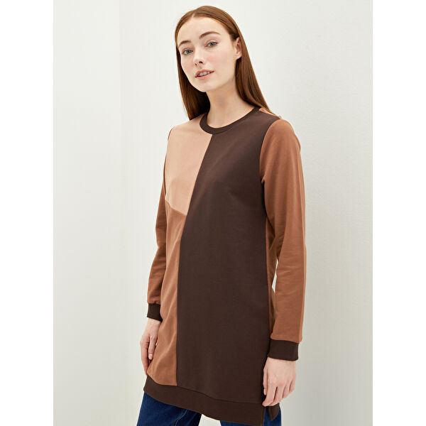 Bisiklet Yaka Renk Bloklu Uzun Kollu Kadın Tunik