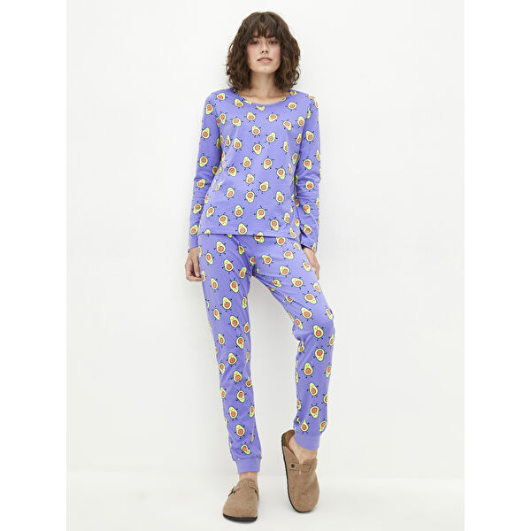 Bisiklet Yaka Baskılı Uzun Kollu Pamuklu Kadın Pijama Takımı Bisiklet Yaka Baskılı Uzun Kollu Pamuklu Kadın Pijama Takımı