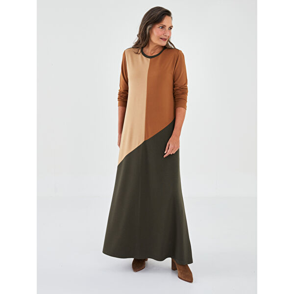 LCW GRACE Bisiklet Yaka Renk Bloklu Uzun Kollu A Kesim Ponte Kumaş Kadın Elbise