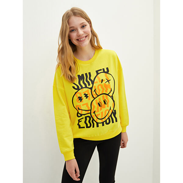 LCW CASUAL Bisiklet Yaka Smiley Baskılı Uzun Kollu Kadın Sweatshirt
