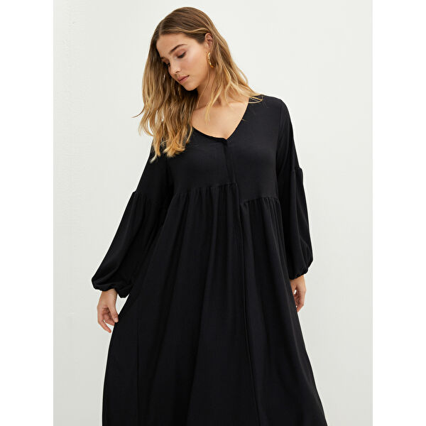 Büyük Beden V Yaka Düz Uzun Kollu Kadın Elbise Büyük Beden V Yaka Düz Uzun Kollu Kadın Elbise