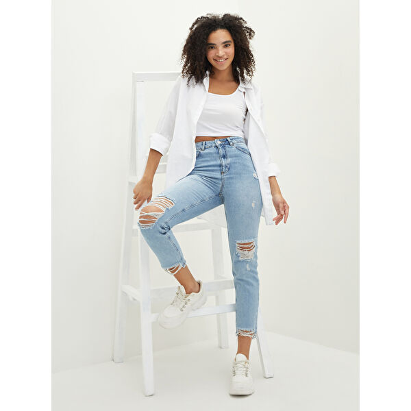 Yüksel Bel Mom Fit Cep Detaylı Kadın Rodeo Jean Pantolon Yüksel Bel Mom Fit Cep Detaylı Kadın Rodeo Jean Pantolon