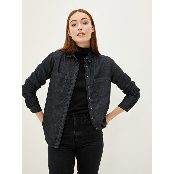 Önden Düğme Kapamalı Uzun Kollu Kadın Jean Gömlek