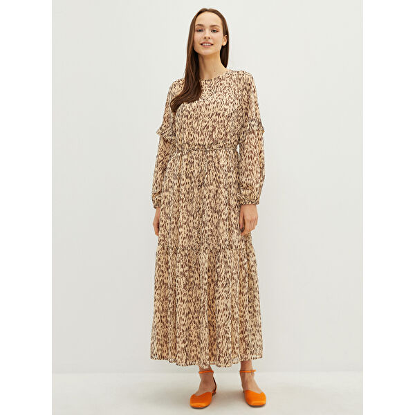 Bisiklet Yaka Desenli Uzun Kollu A Kesim Şifon Kadın Elbise Bisiklet Yaka Desenli Uzun Kollu A Kesim Şifon Kadın Elbise