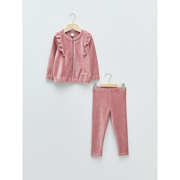 Bisiklet Yaka Uzun Kollu Basic Kadife Kız Bebek Fermuarlı Sweatshirt ve Pantolon Tayt 2'li Takım Bisiklet Yaka Uzun Kollu Basic Kadife Kız Bebek Fermuarlı Sweatshirt ve Pantolon Tayt 2'li Takım