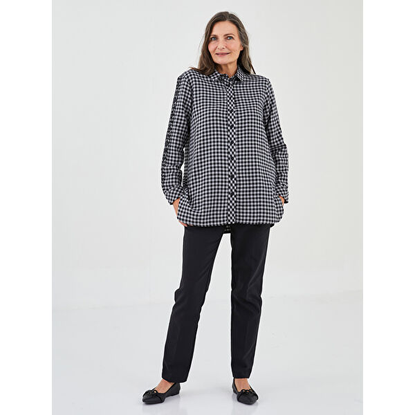 Önden Düğme Kapamalı Ekose Uzun Kollu Kadın Tunik