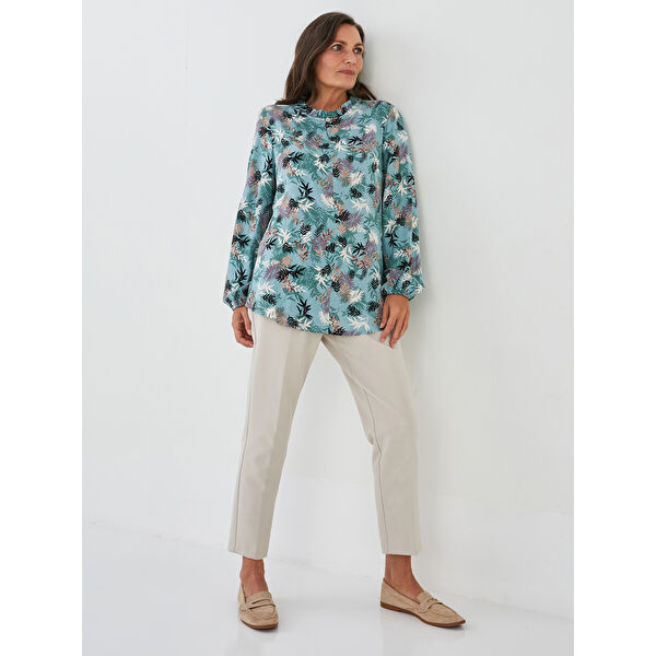 Fırfırlı Dik Yaka Desenli Uzun Kollu Viskon Kadın Bluz