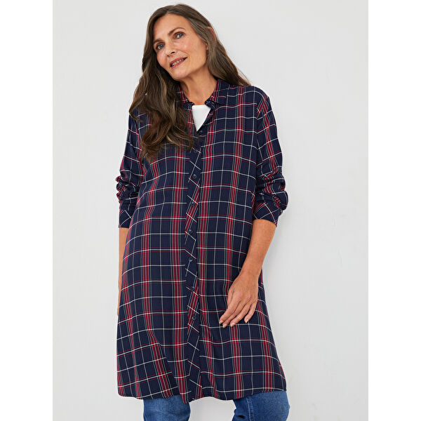 Gömlek Yaka Ekose Uzun Kollu Viskon Kadın Tunik