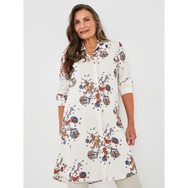 Gömlek Yaka Çiçekli Uzun Kollu Viskon Kadın Tunik