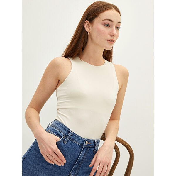 Bisiklet Yaka Düz Kolsuz Çıt Çıtlı Kadın Bodysuit