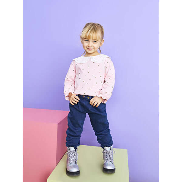 Bebe Yaka Uzun Kollu Desenli Kız Bebek Sweatshirt