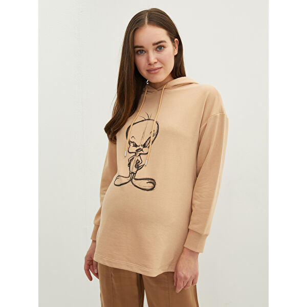 Kapüşonlu Tweety Baskılı Uzun Kollu Hamile Sweatshirt