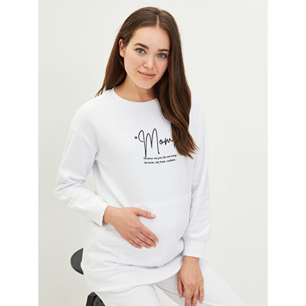 Bisiklet Yaka Slogan Baskılı Uzun Kollu Hamile Sweatshirt