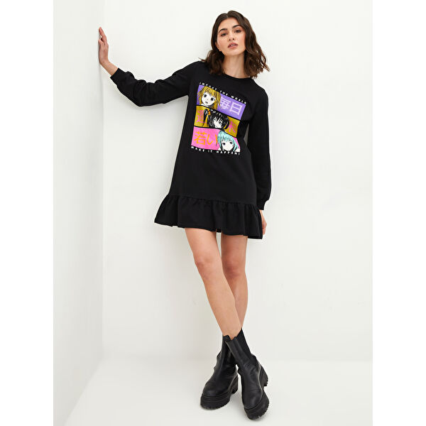 Bisiklet Yaka Baskılı Uzun Kollu Kadın Elbise