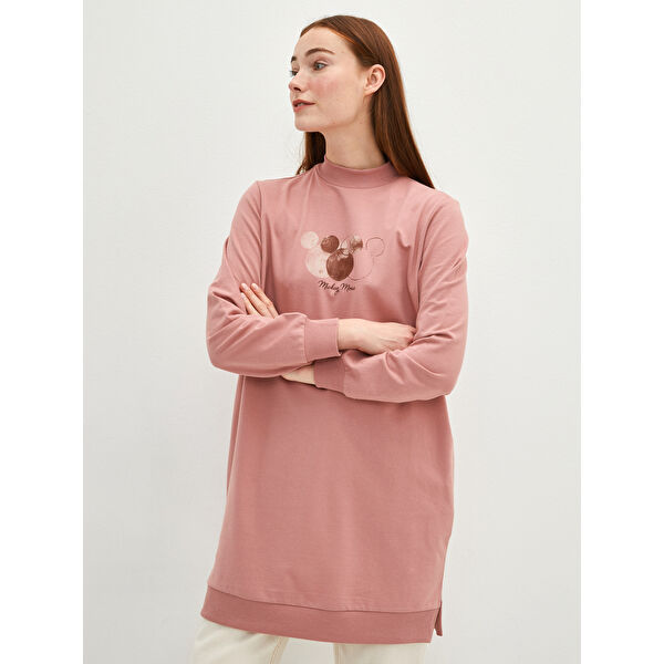 Dik Yaka Mickey Mouse Baskılı Uzun Kollu Kadın Tunik