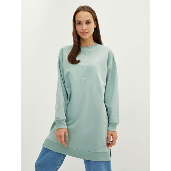 Bisiklet Yaka Mickey Mouse Baskılı Uzun Kollu Kadın Tunik