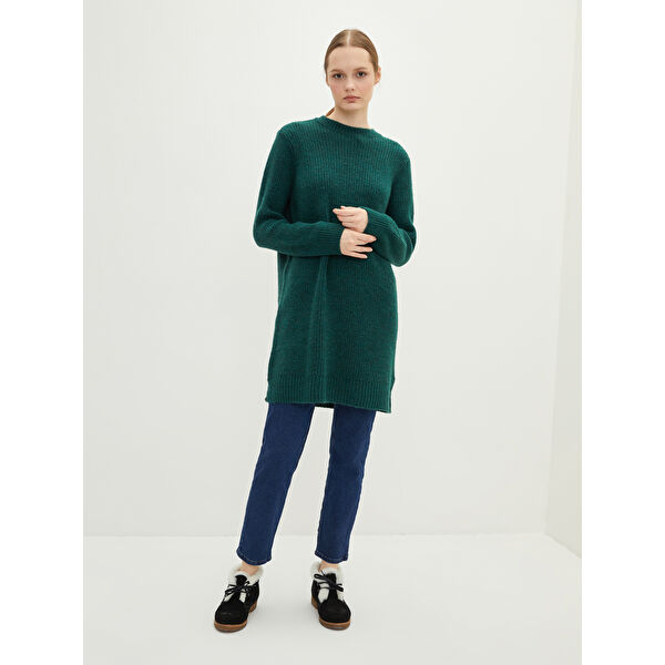 Bisiklet Yaka Düz Uzun Kollu Kadın Triko Tunik