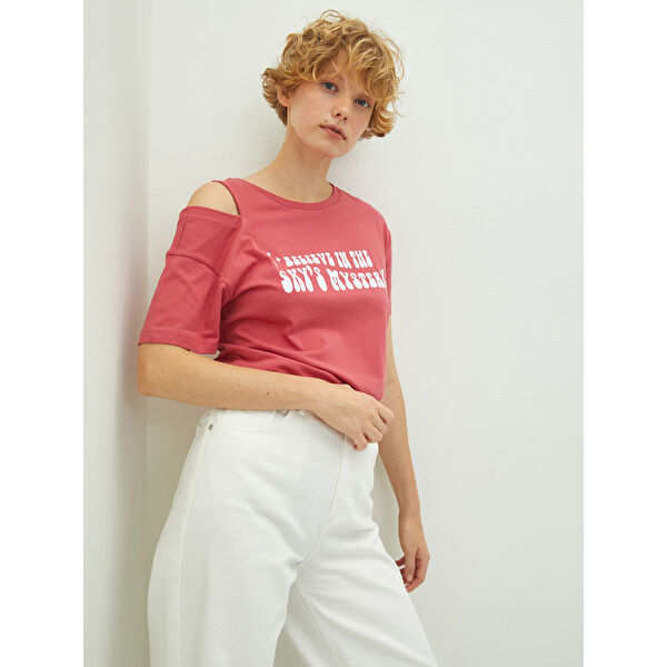 Bisiklet Yaka Baskılı Kısa Kollu Pamuklu Kadın Tişört