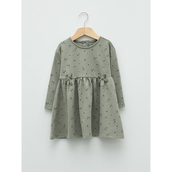 Bisiklet Yaka Uzun Kollu Desenli Kız Bebek Elbise