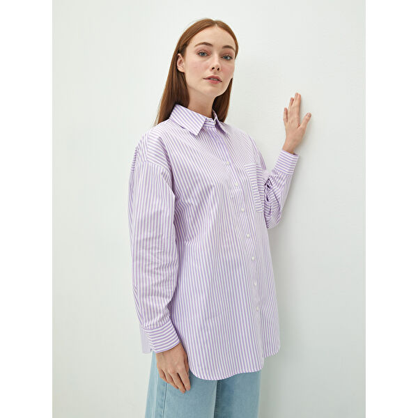 Gömlek Yaka Çizgili Uzun Kollu Poplin Kadın Gömlek