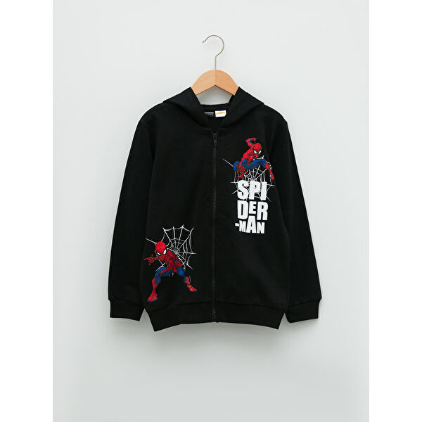 Kapüşonlu Spiderman Baskılı Uzun Kollu Erkek Çocuk Fermuarlı Sweatshirt