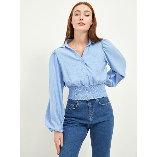 Gömlek Yaka Düz Uzun Kollu Kadın Bluz