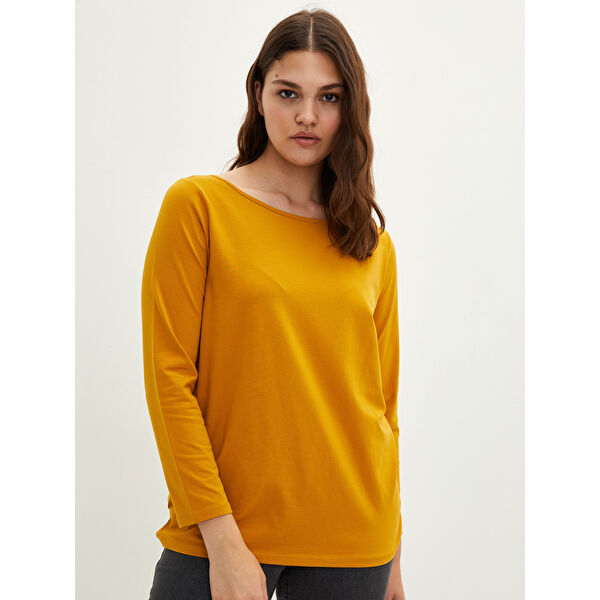 Büyük Beden Bisiklet Yaka Düz Uzun Kollu Kadın Tişört