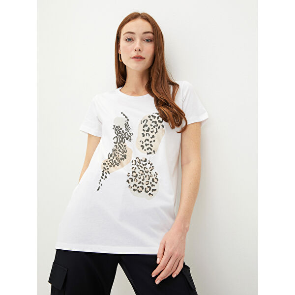 Bisiklet Yaka Baskılı Kısa Kollu Pamuklu Kadın Tişört