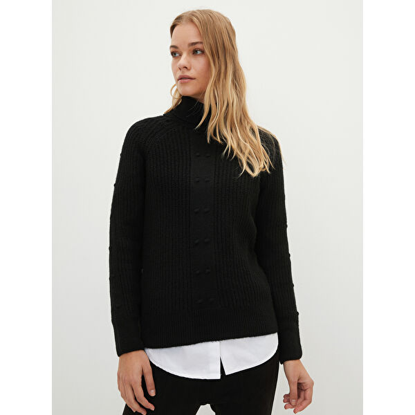 Balıkçı Yaka Kendinden Desenli Uzun Kollu Kadın Triko Kazak Balıkçı Yaka Kendinden Desenli Uzun Kollu Kadın Triko Kazak