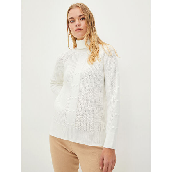 Balıkçı Yaka Kendinden Desenli Uzun Kollu Kadın Triko Kazak