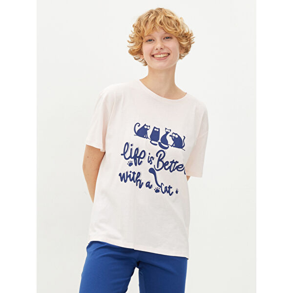 Bisiklet Yaka Baskılı Kısa Kollu Kadın Pamuklu Pijama Takım