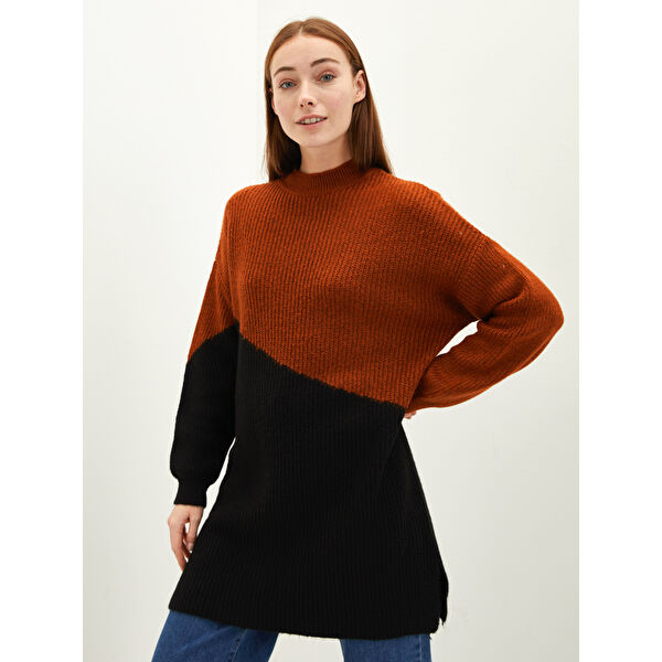 Yarım Balıkçı Yaka Renk Bloklu Uzun Kollu Kadın Triko Tunik Yarım Balıkçı Yaka Renk Bloklu Uzun Kollu Kadın Triko Tunik