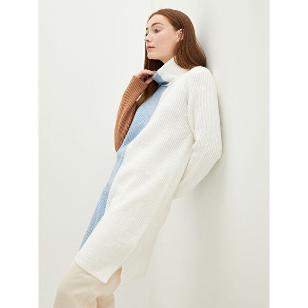 Balıkçı Yaka Renk Bloklu Uzun Kollu Kadın Triko Tunik Balıkçı Yaka Renk Bloklu Uzun Kollu Kadın Triko Tunik