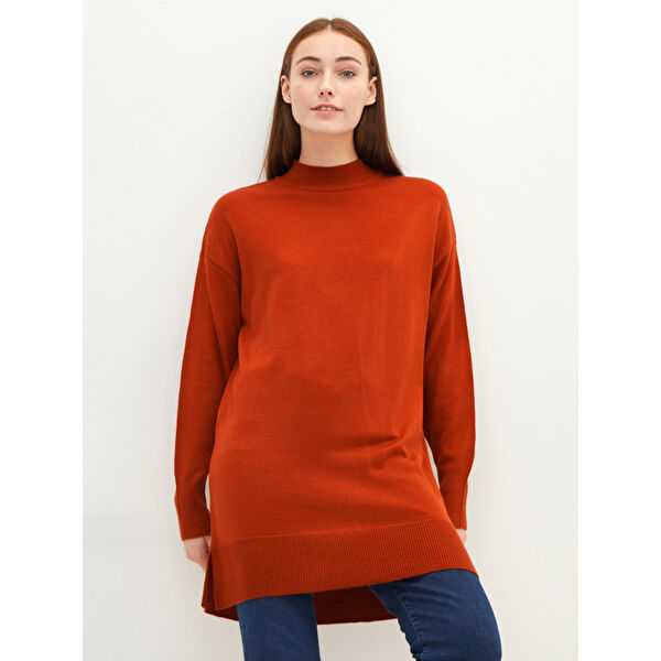 Yarım Balıkçı Yaka Düz Uzun Kollu Kadın Triko Tunik