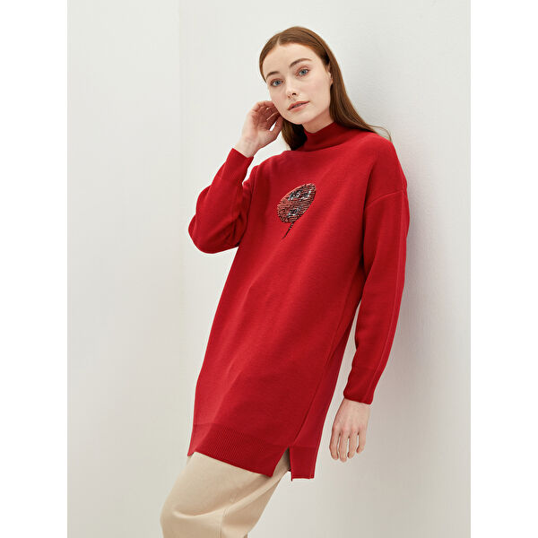 Yarım Balıkçı Yaka Pul İşlemeli Uzun Kollu Oversize Kadın Triko Tunik Yarım Balıkçı Yaka Pul İşlemeli Uzun Kollu Oversize Kadın Triko Tunik