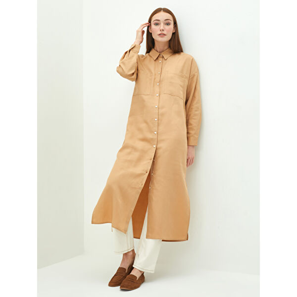 Gömlek Yaka Düz Uzun Kollu Cep Detaylı Kadın Tunik