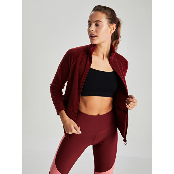 Dik Yaka Düz Cep Detaylı Uzun Kollu Polar Kadın Spor Hırka