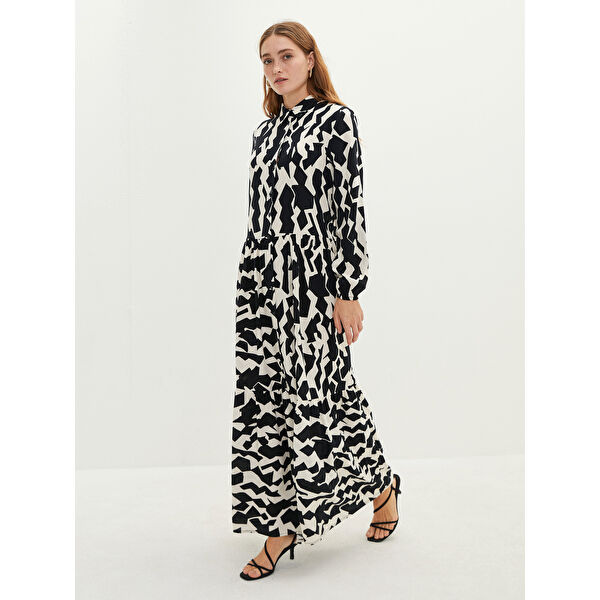 Gömlek Yaka Desenli Uzun Kollu Viskon Kadın Elbise