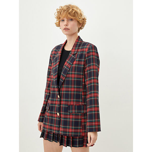 Önden Düğme Kapamalı Ekose Uzun Kollu Kadın Ceket