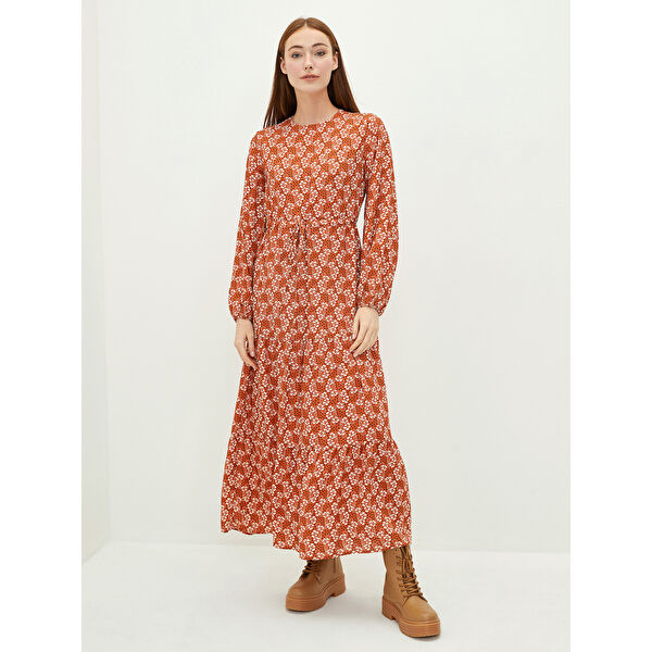 Bisiklet Yaka Çiçekli Beli Bağlama Detaylı Uzun Kollu Kadın Elbise Bisiklet Yaka Çiçekli Beli Bağlama Detaylı Uzun Kollu Kadın Elbise