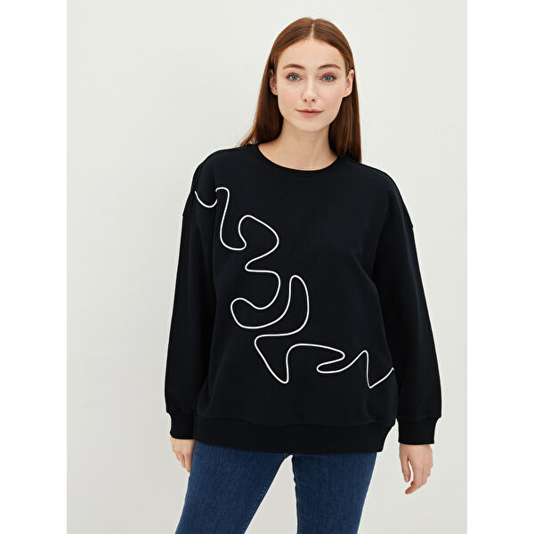 Bisiklet Yaka Nakışlı Uzun Kollu Kadın Sweatshirt