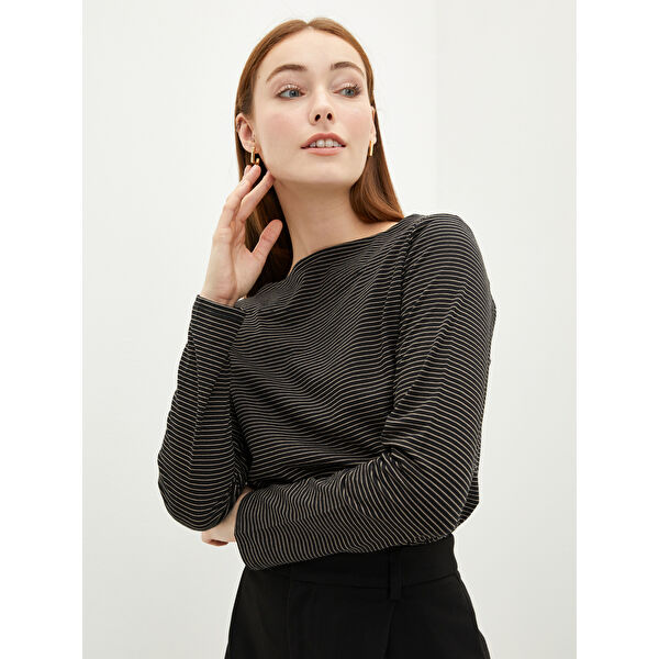 Kayık Yaka Çizgili Uzun Kollu Kadın Tişört