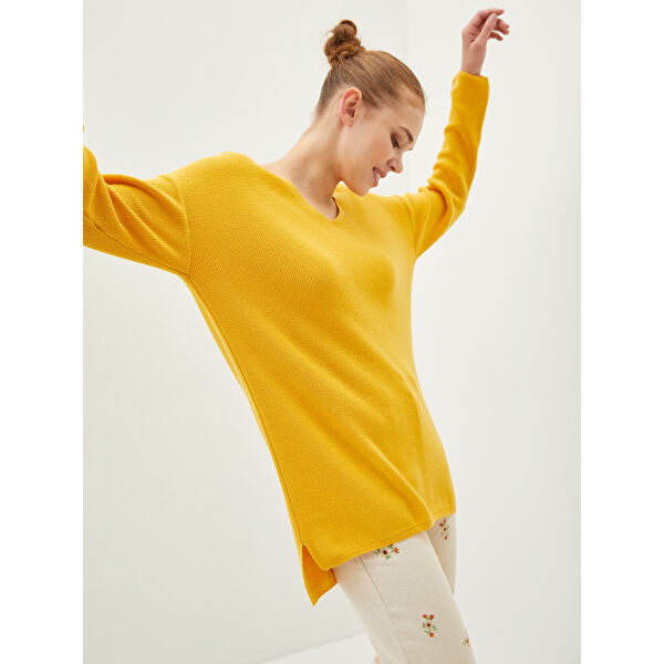 V Yaka Düz Uzun Kollu Kadın Triko Tunik