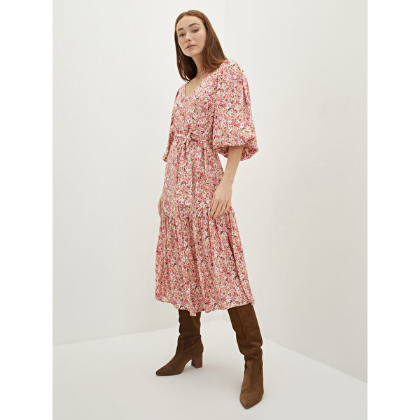 V Yaka Çiçekli Viskon Kadın Elbise