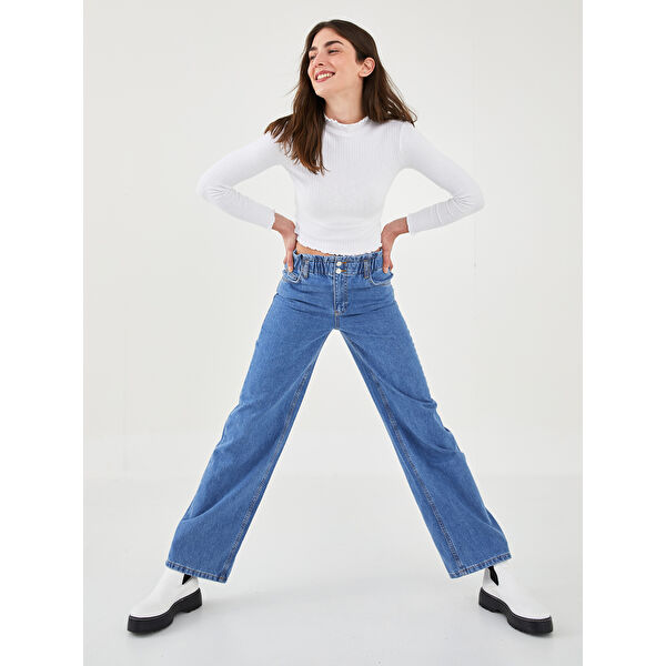 Beli Lastikli Wideleg Cep Detaylı Kadın Rodeo Jean Pantolon